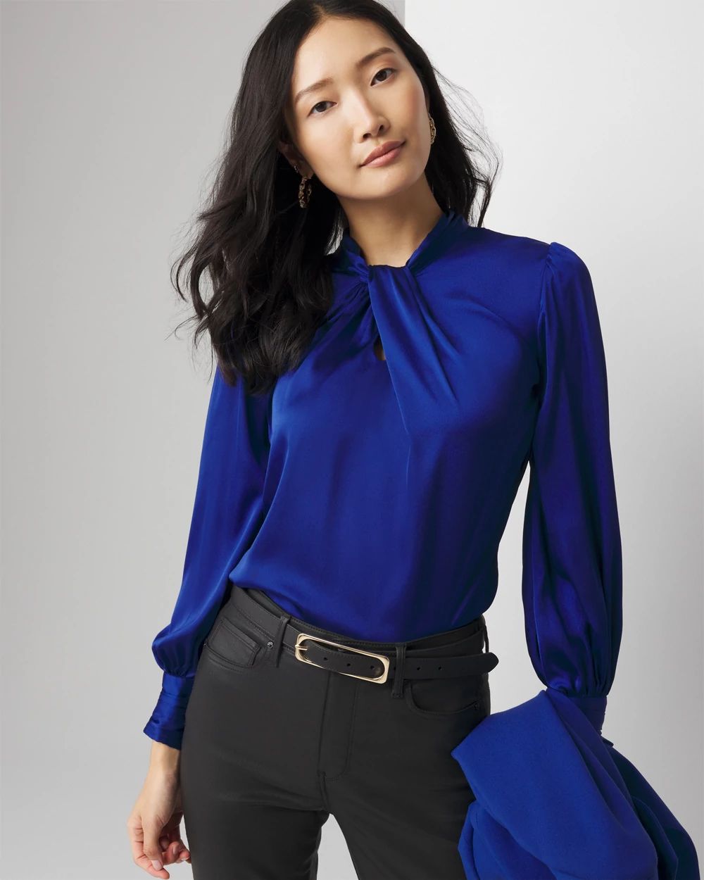 Long Sleeve Twisted Neck Satin Blouse | White House Black Market